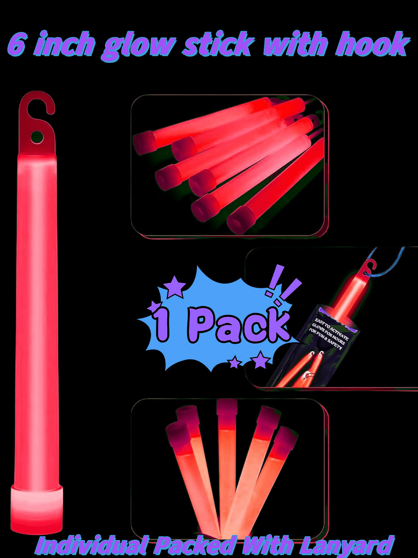 1 Ultra Bright 6 Inch Glow Stick - Individual Packed With Lanyard - For ...