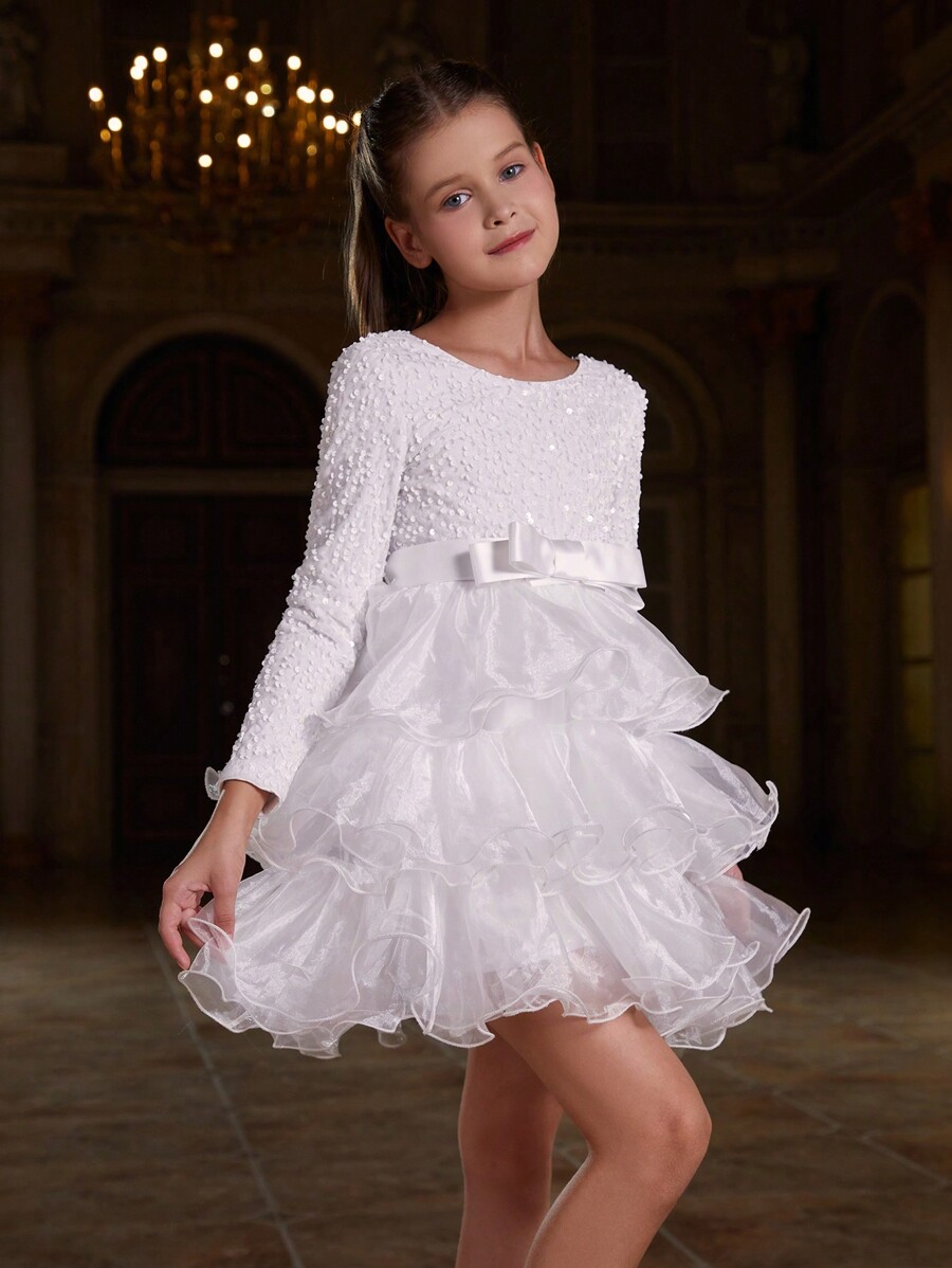 Tween Girl Long Sleeve Sequin Top Layered Tiered Ruffle Hem Cake Dress ...