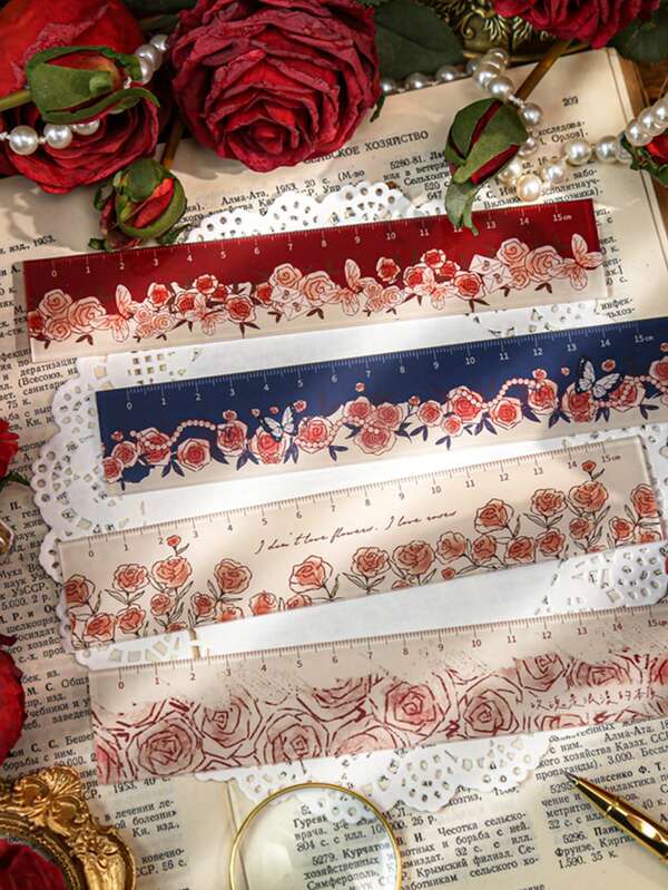 Random Vintage Romantic Rose Pattern Acrylic Painting Measuring Ruler ...