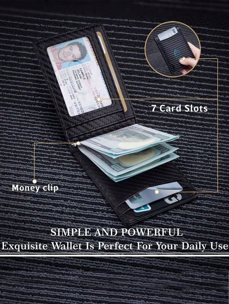 1pc Men's Black Ultra-thin Money Clip Wallet, Rfid Blocking Minimalist ...