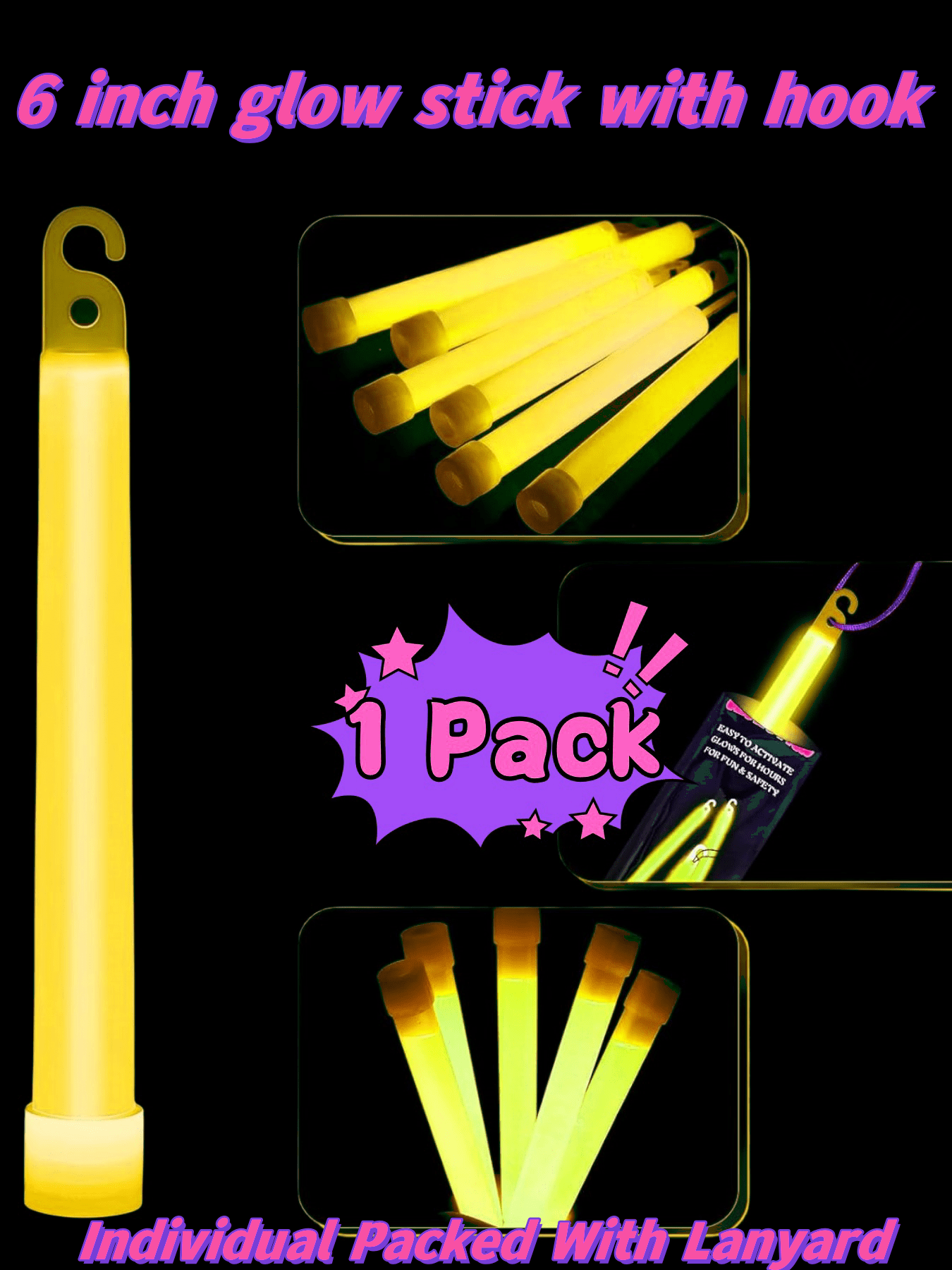 1 Ultra Bright 6 Inch Glow Stick - Individual Packed With Lanyard - For ...