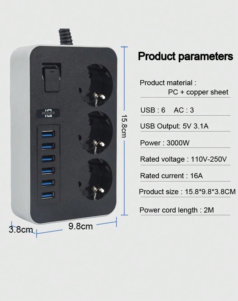 Power Strip EU Plug Socket With USB Extension Cord Smart Network Filter ...