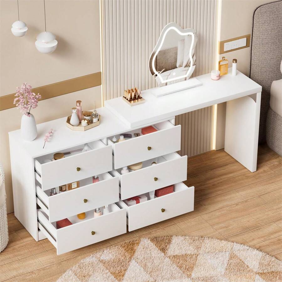 PAKASEPT Vanity Desk With Lighted Mirror, Extendable Vanity Table With ...