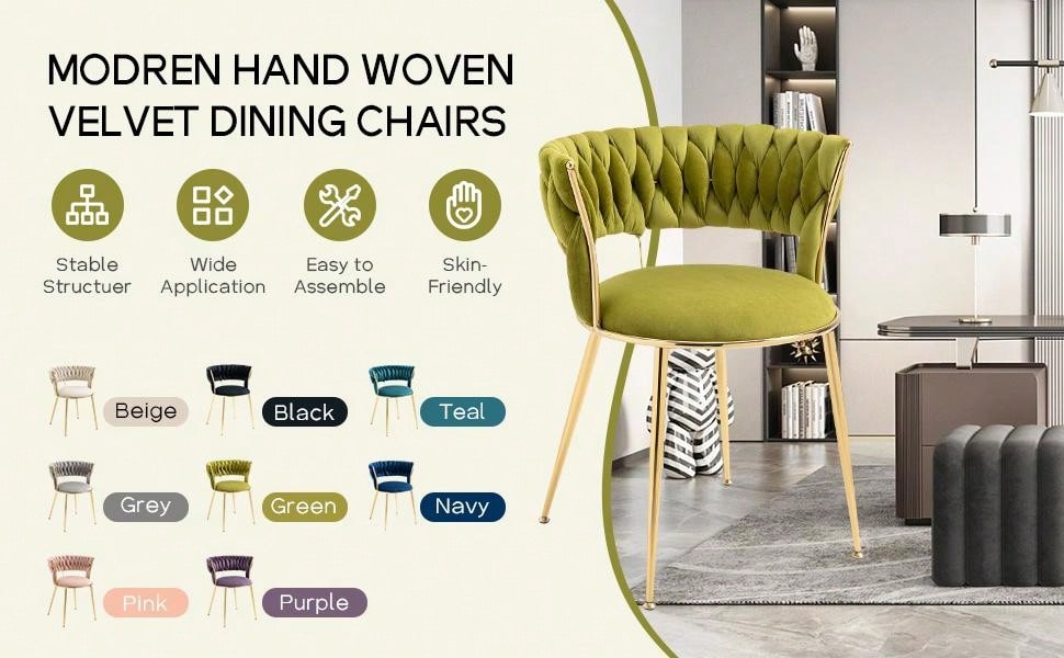 Velvet Dining Chairs Set of 2 with Hand Woven Hollow Backrest Design ...