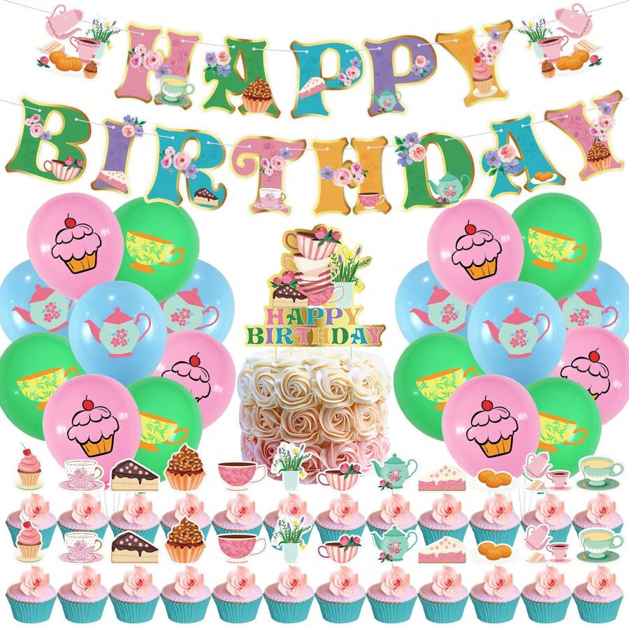 58pcs Afternoon Tea Themed Birthday Party Decoration Set Including ...