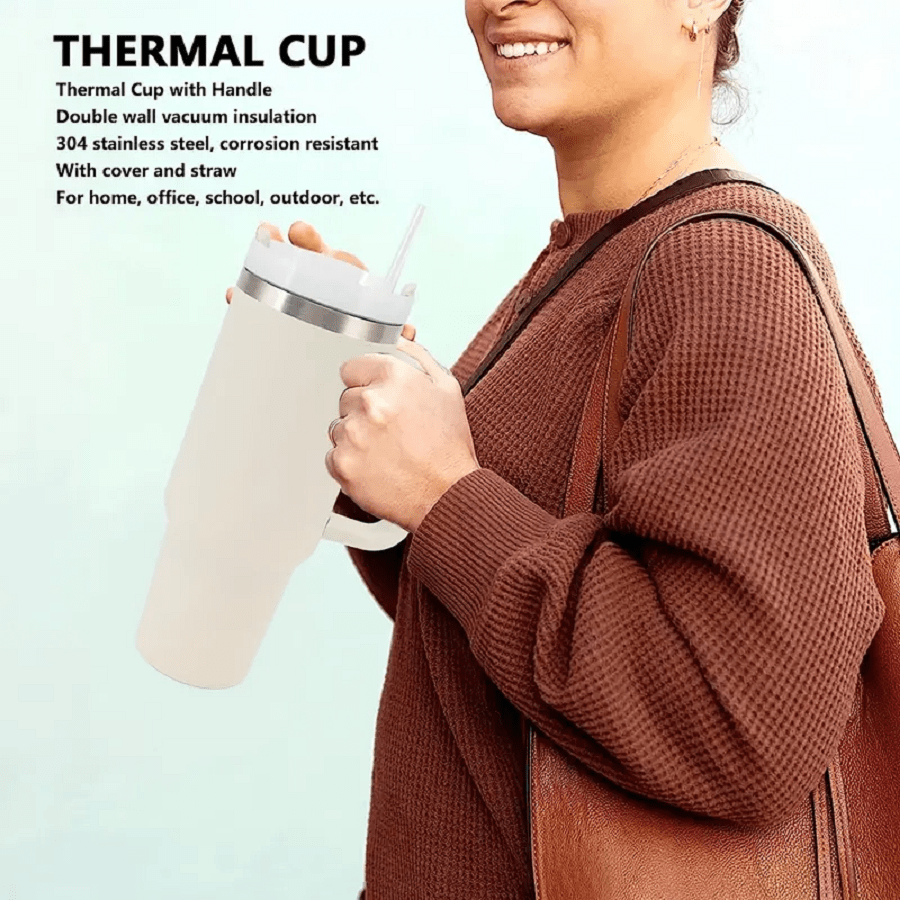 1pc Cup, 40oz Stainless Steel Double Wall Tumbler With Lid And Handle ...