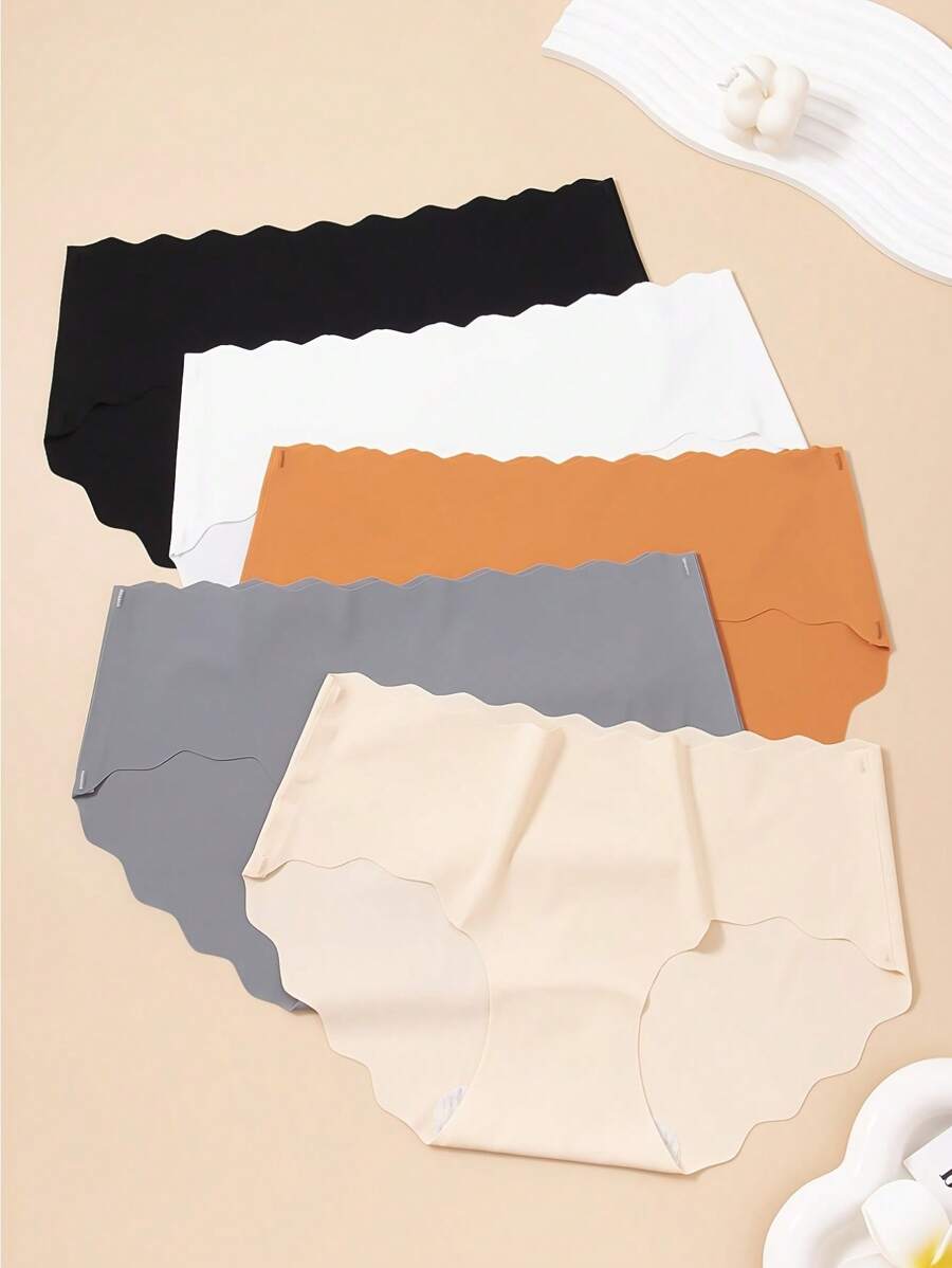 5pcs Seamless Solid Briefs, Comfy & Breathable Scallop Trim Intimates ...
