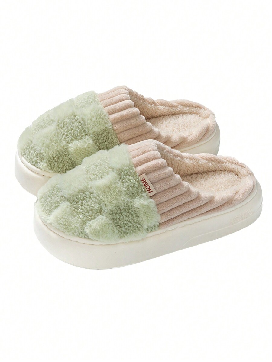 Women's Plush Home Slippers Warm Furry Slipper Square & Color Block ...
