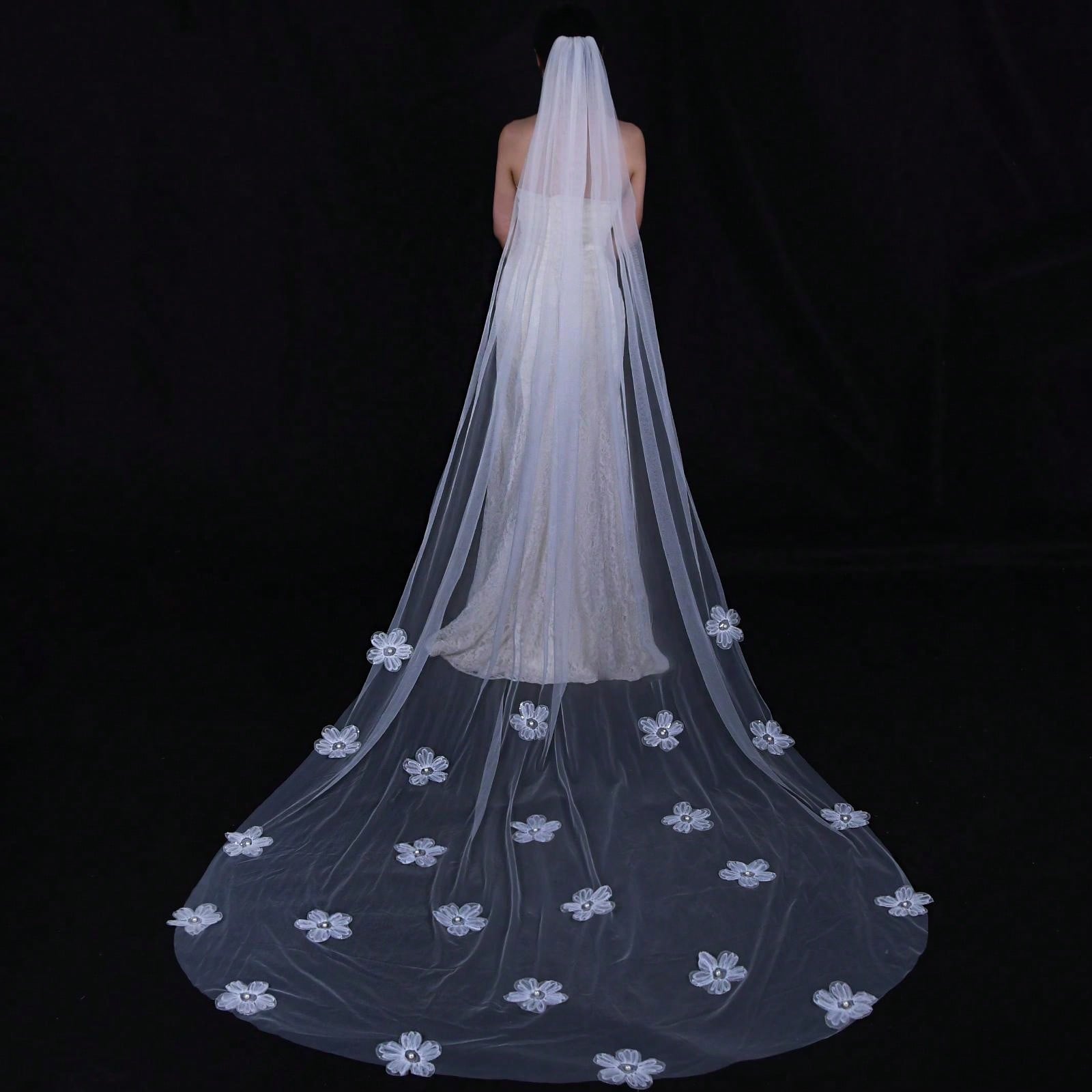 Romantic 3d Flower Bridal Veil, 3m Long Soft Tulle Single Layer With ...