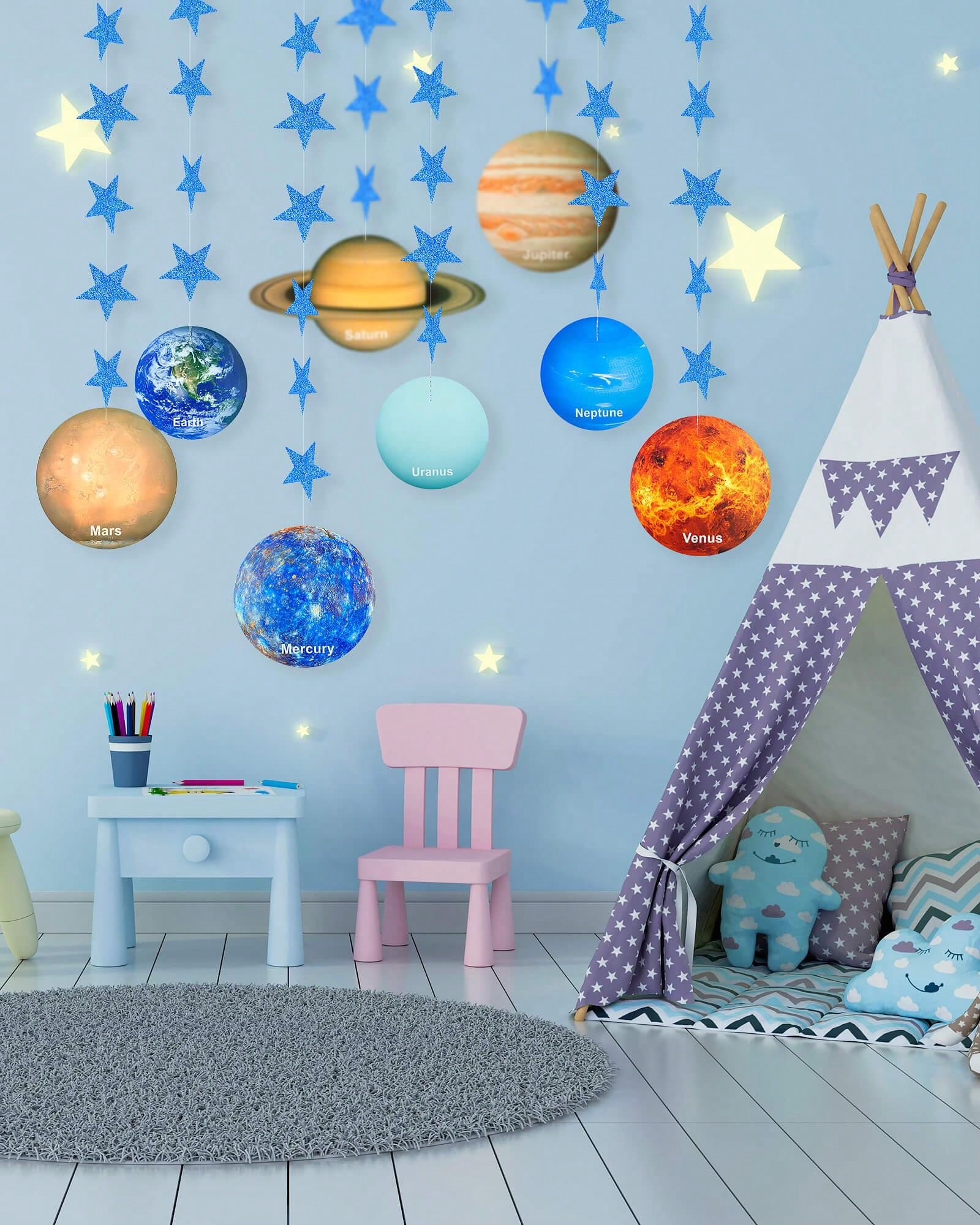 Solar System Decor Banner, Eight Planets Floral Garland With Blue ...