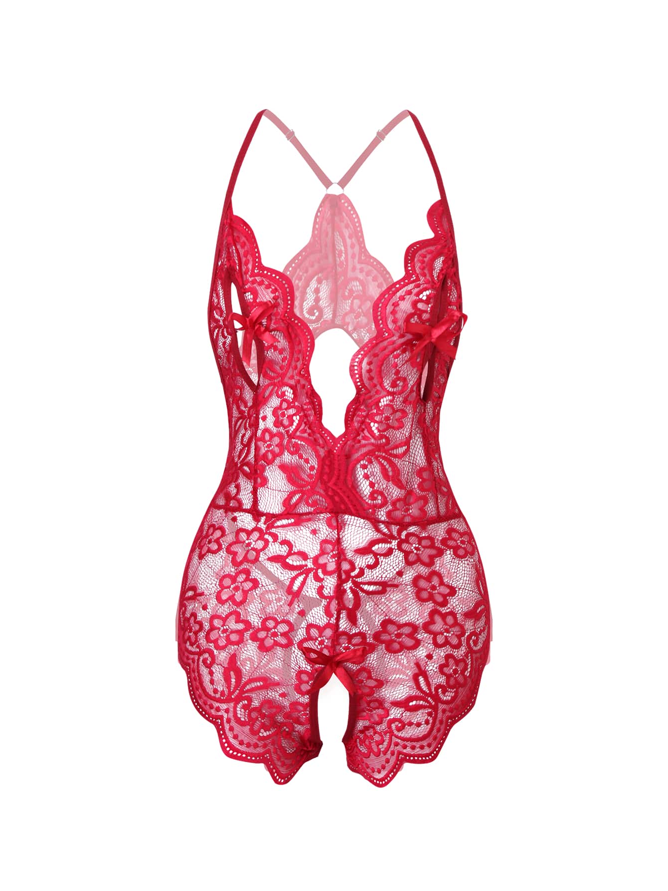1pc Crotchless Lace Bodysuit With Bows Sexy Open Back And Easy