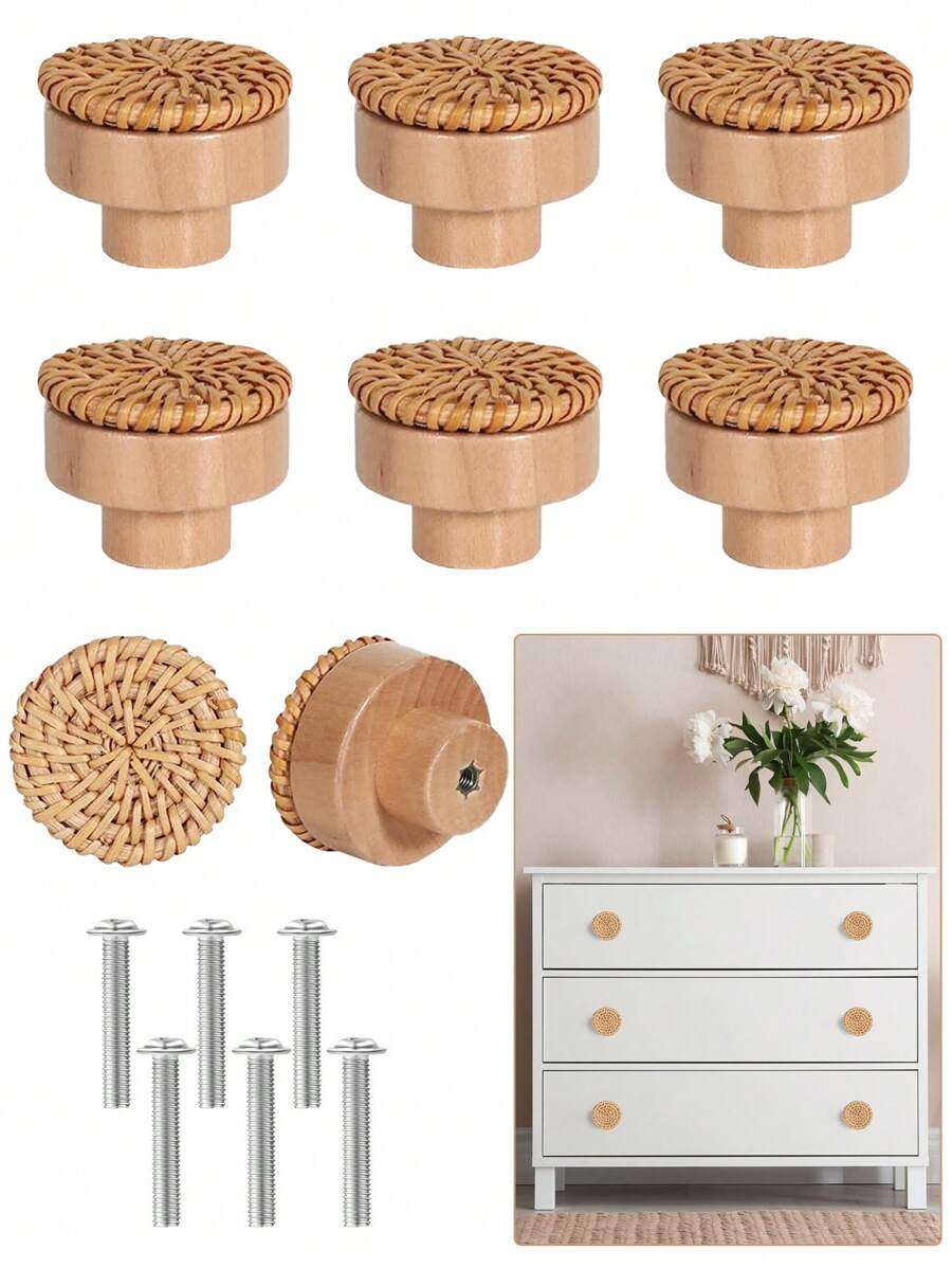 6 Packs Boho Rattan Dresser Knobs- Beech Wood Drawer Knobs Handmade ...