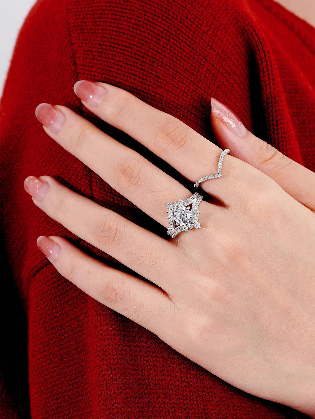 2pcs/set Elegant and Luxurious Silver Wedding Rings With Round 1.25ct ...