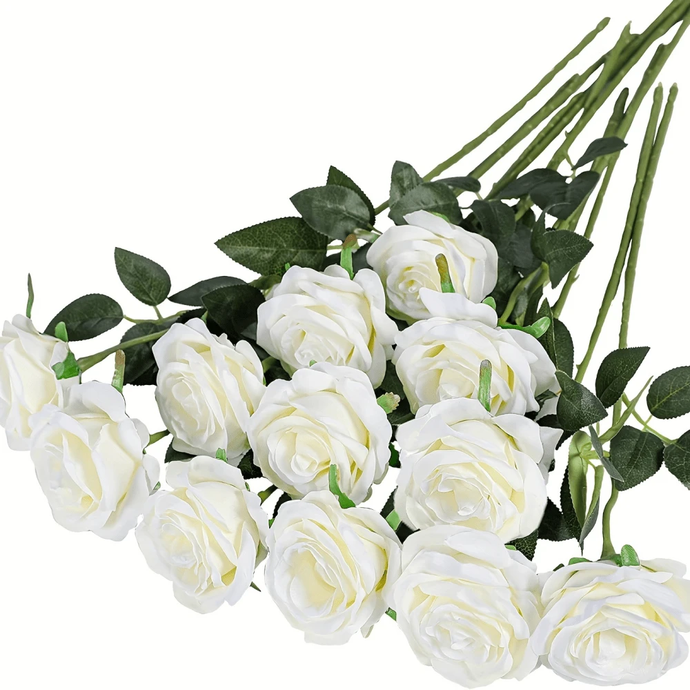 12 White Roses Artificial Silk Flowers, Long Stem Fake Roses Realistic ...