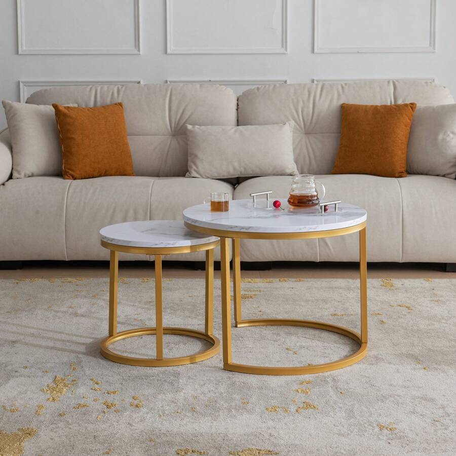 23.6" Nesting Coffee Table, Stacking Side Tables Set of 2 with Golden ...