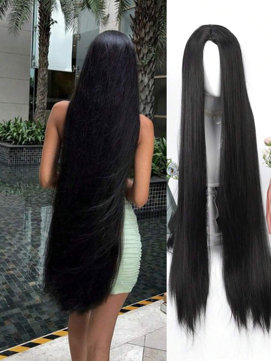 1B Color 40 Inch Versatile Center Split Ultra Long Straight Hair Wig ...