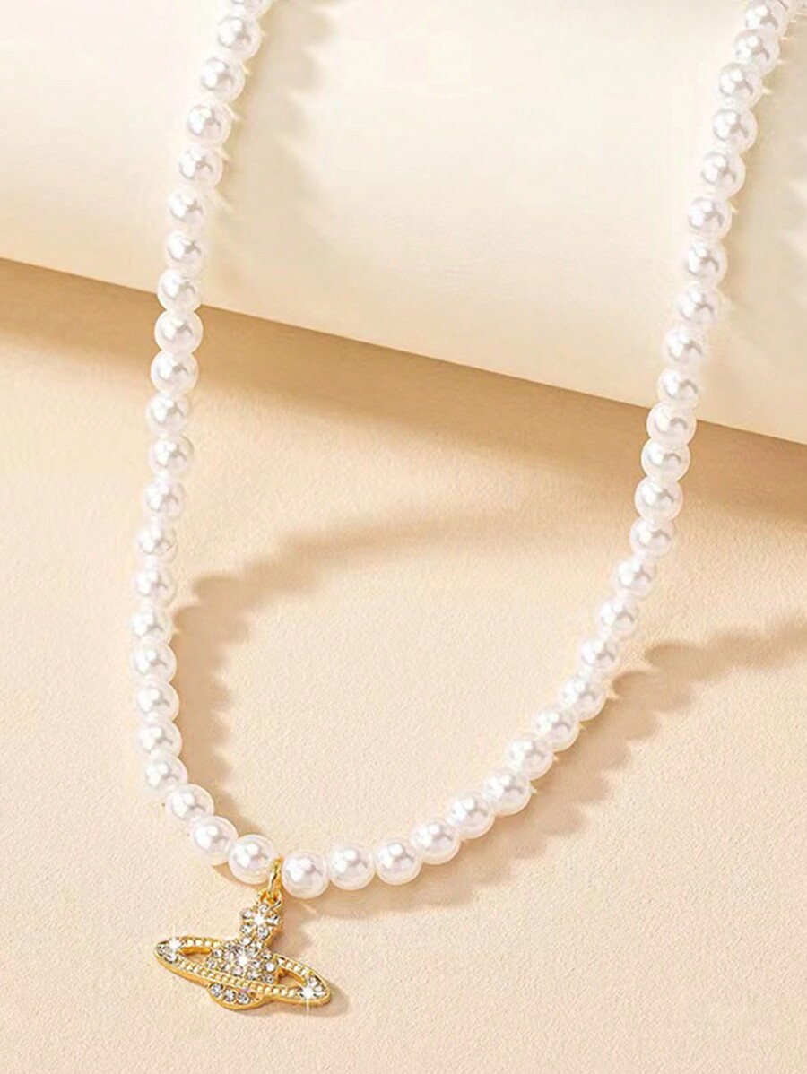 1pc Fashionable White Faux Pearl & Gold-Color Luxurious Saturn Planet ...