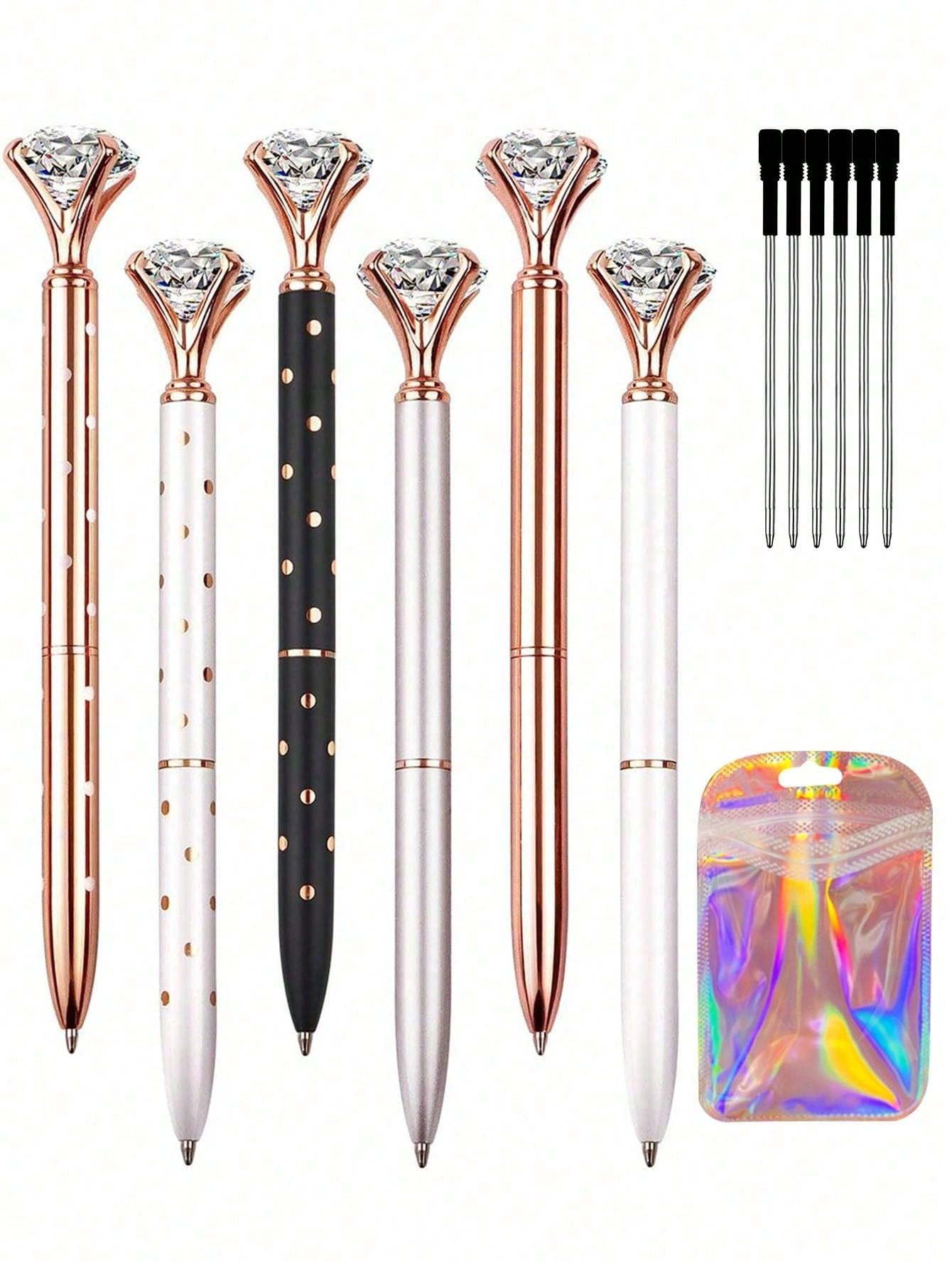 6 Diamond Pens With Large Crystal Shiny Metallic Ballpoint Pens, Office ...