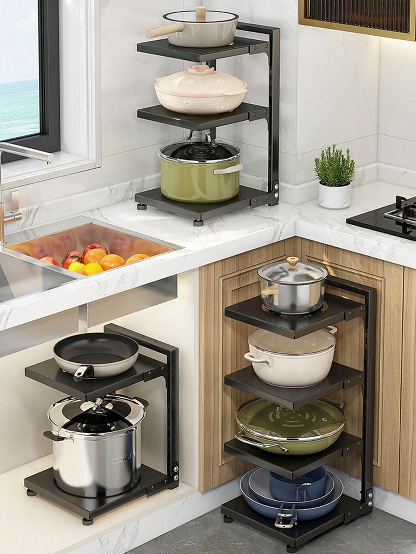 1pc Kitchen Storage Rack, Simple Black Multifunction Bowl Pot Storage ...