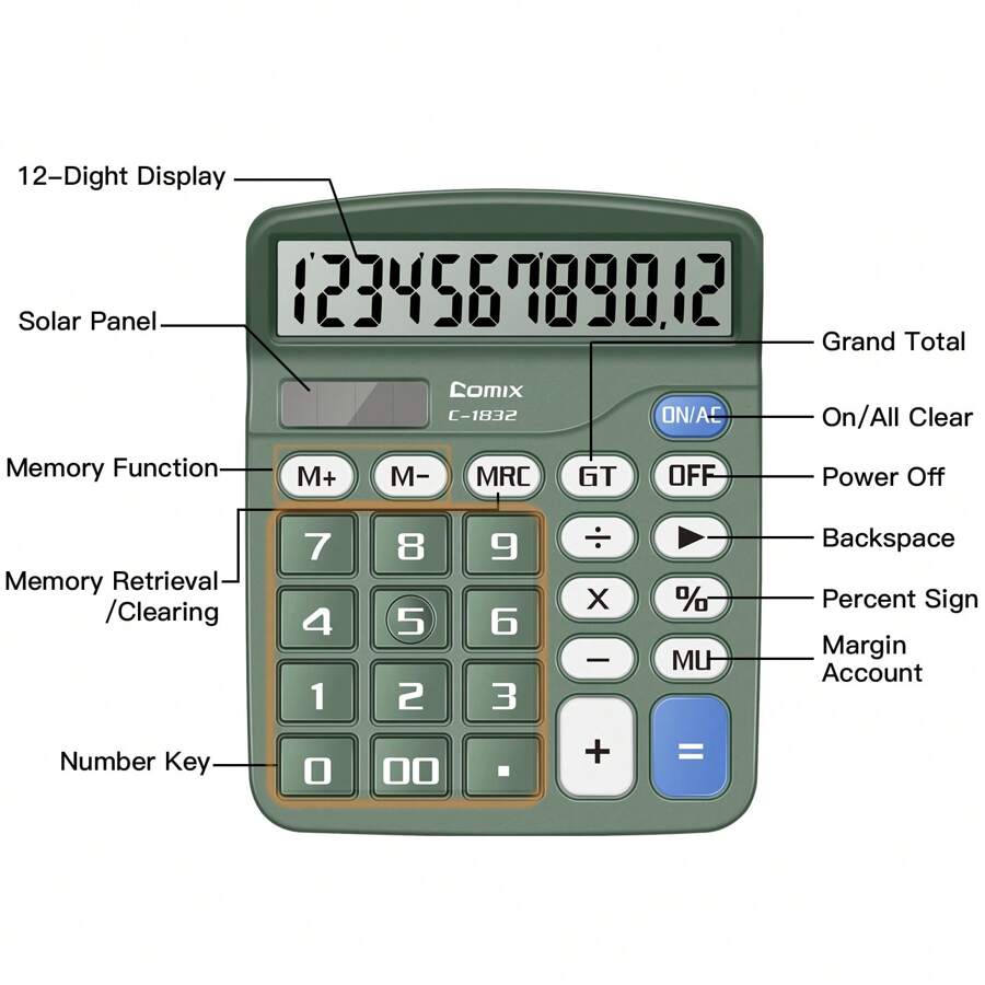 Comix Desktop Calculator 2-Pack, 12 Digit With Large LCD Display And Big Button, Solar Battery ...