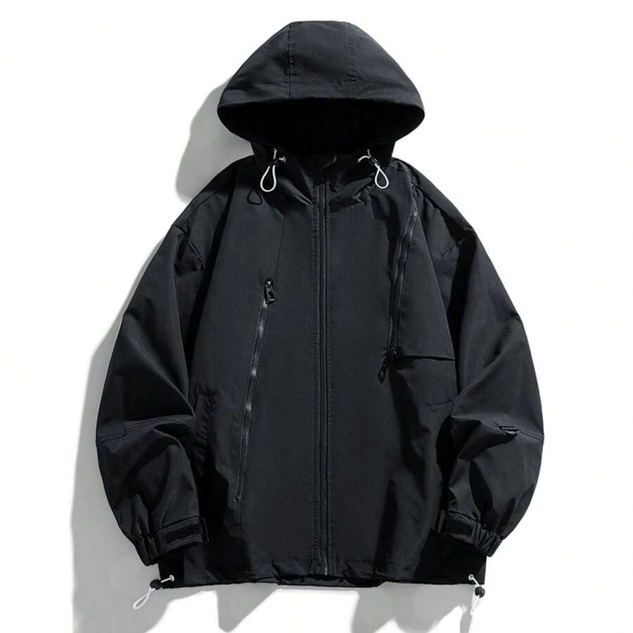 Unisex Casual Loose Fit Waterproof Hooded Jacket With Slanted Pockets ...