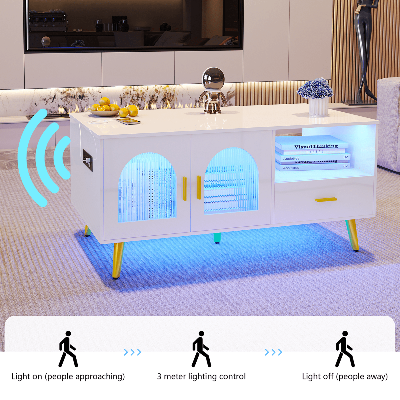 LVSOMT 42.5'' LED Coffee Table With Charging Station, High Glossy ...