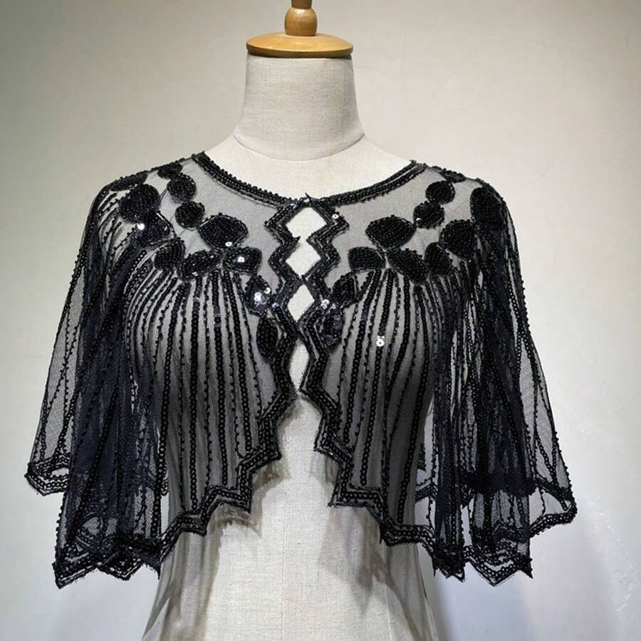 Women's 1920s Shawl Beaded Sequin Deco Evening Cape Flapper Cover Up ...