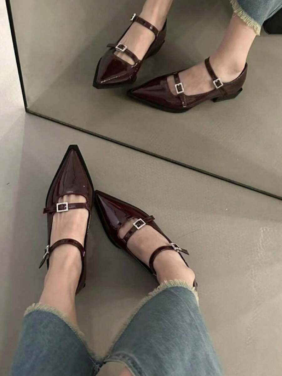 Women's Red Wine Colored Pumps With Double Buckle & Rhinestone Decor ...