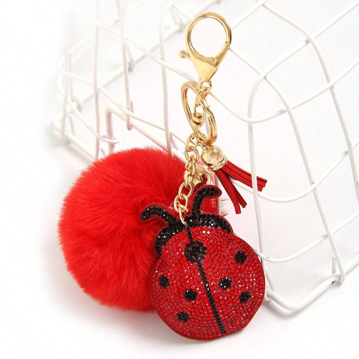Party 1pc Rhinestone Decor Beetle Shaped Fluffy Ball Keychain ...