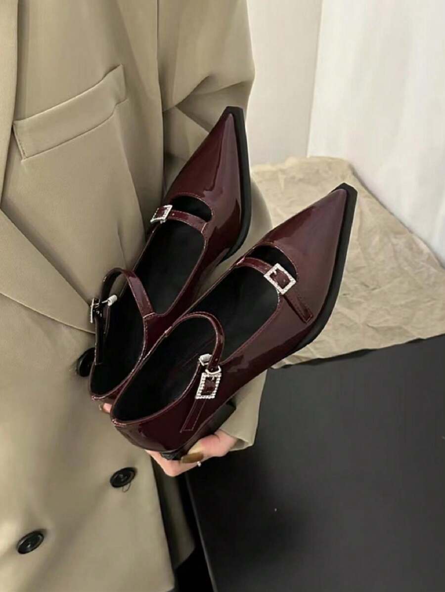 Women's Red Wine Colored Pumps With Double Buckle & Rhinestone Decor ...