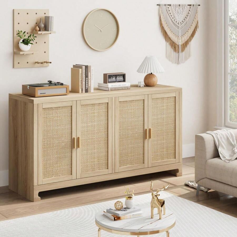 Buffet Cabinet,Rattan Accent Storage Cabinet with 4 Doors and Shelf, Sideboard Buffet Cabinet ...