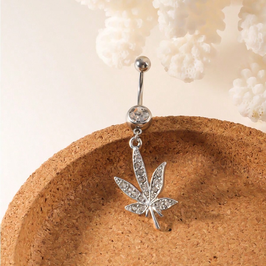 1pc Full rhinestones Navel Ring With Maple Leaf Pendant, Sexy, Trendy Design, Satisfy Women's ...