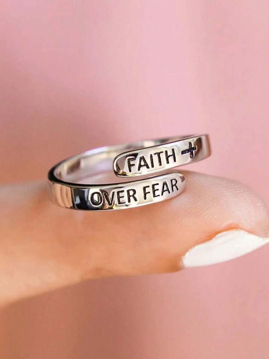 1pc Carved Cross Faith Over Fear Ring, Minimalist Design | SHEIN USA