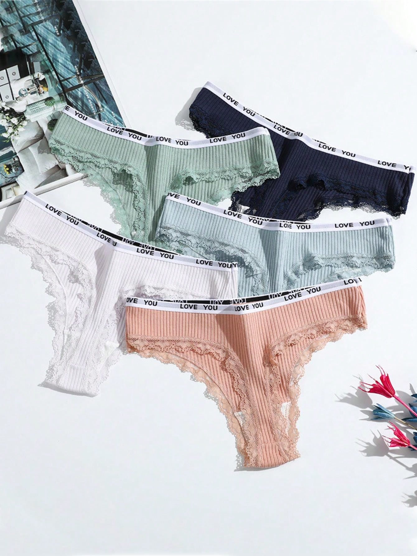 5 Pièces De String Pour Femme À Taille Basse, Bordure En Dentelle | Mode en ligne | SHEIN FRANCE