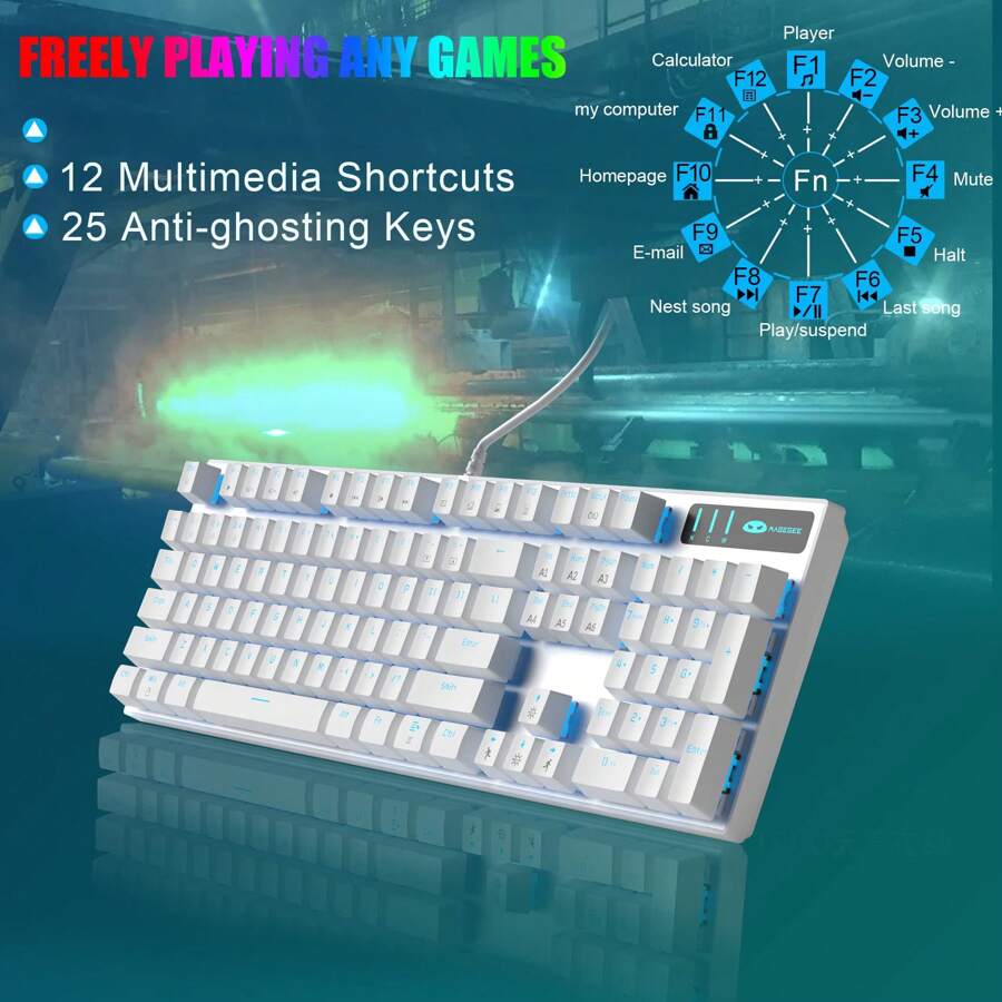 MageGee White Mechanical Gaming Keyboard, Wired USB Adjustable ...