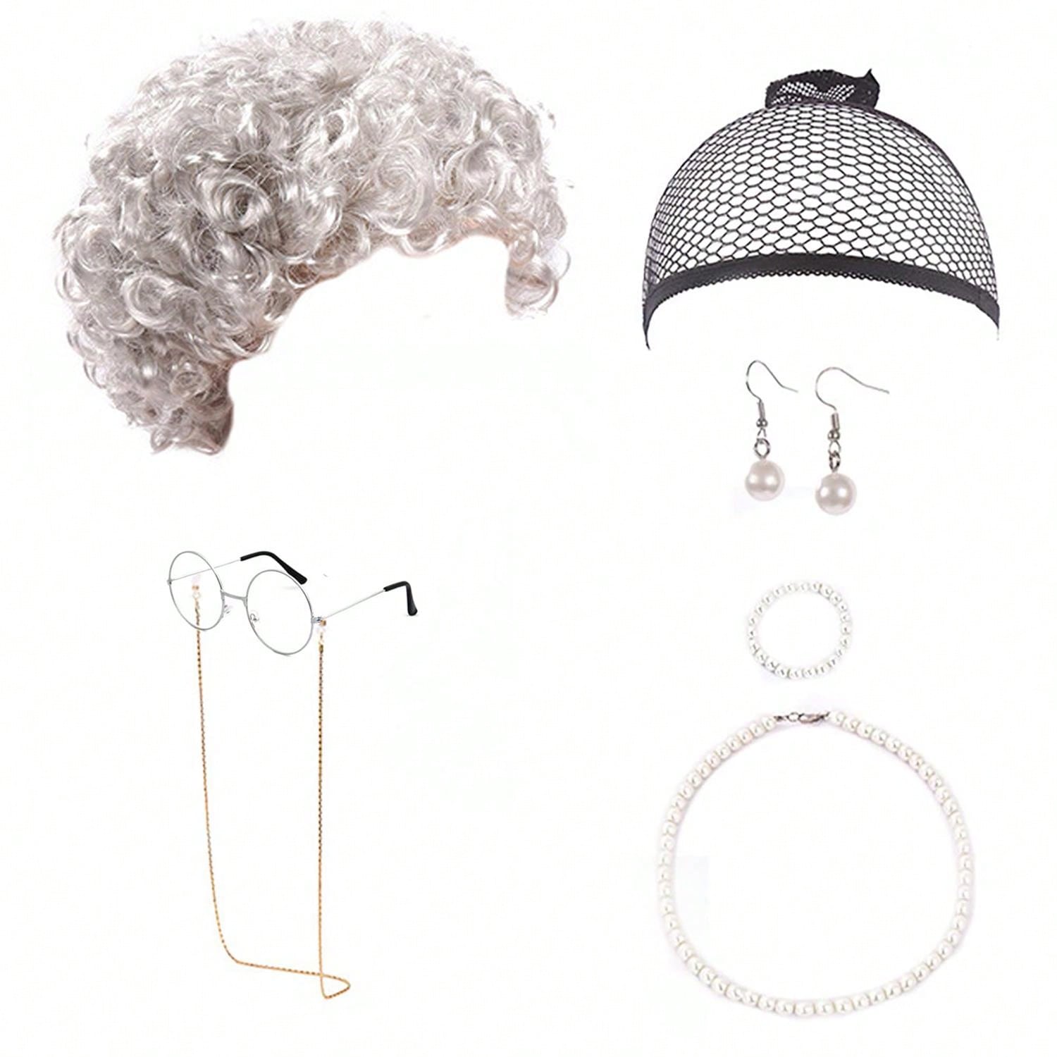 7pcs Old Lady Costume for Women, Women's Cosplay Set Gray Hair Granny ...