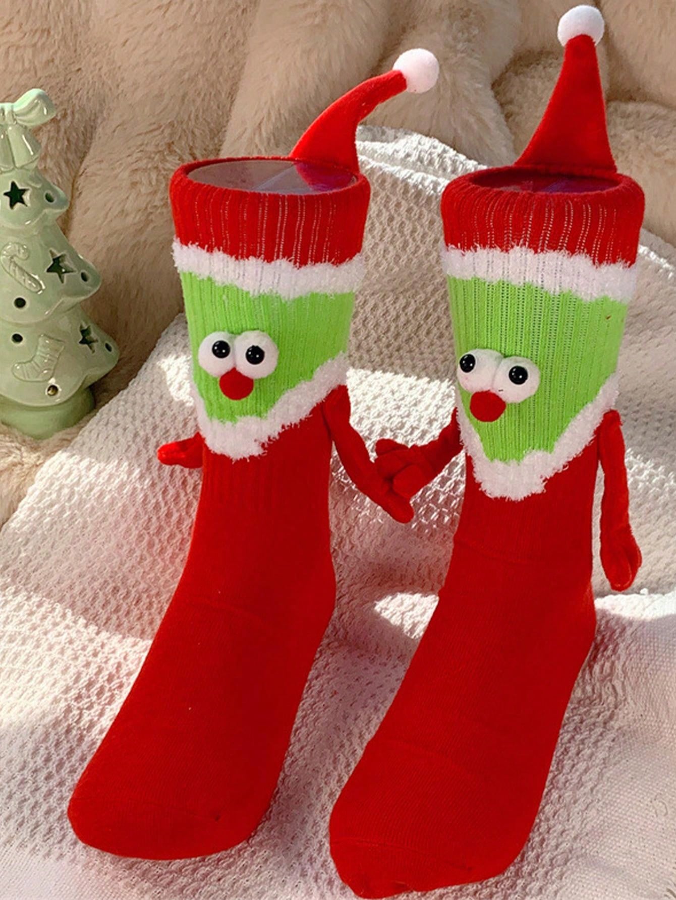 1pair Couple's Cute Christmas Hat & Funny Holding Hands Design Warm Mid ...