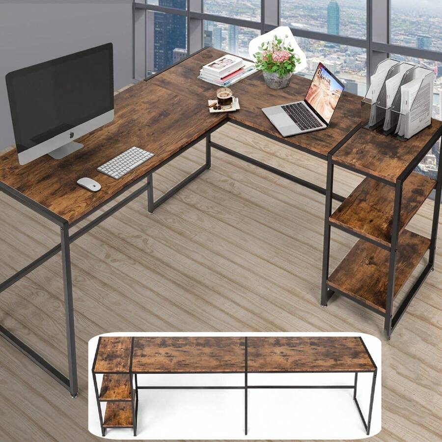 DC DICLASSE L-Shaped Desk with Storage Shelves Reversible Corner Large ...