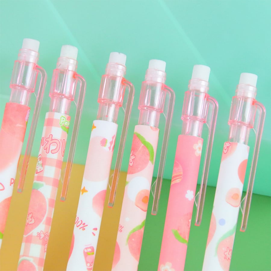 6pcs Random Cute Cartoon Peach Shaped Push Button Automatic Pencil With ...