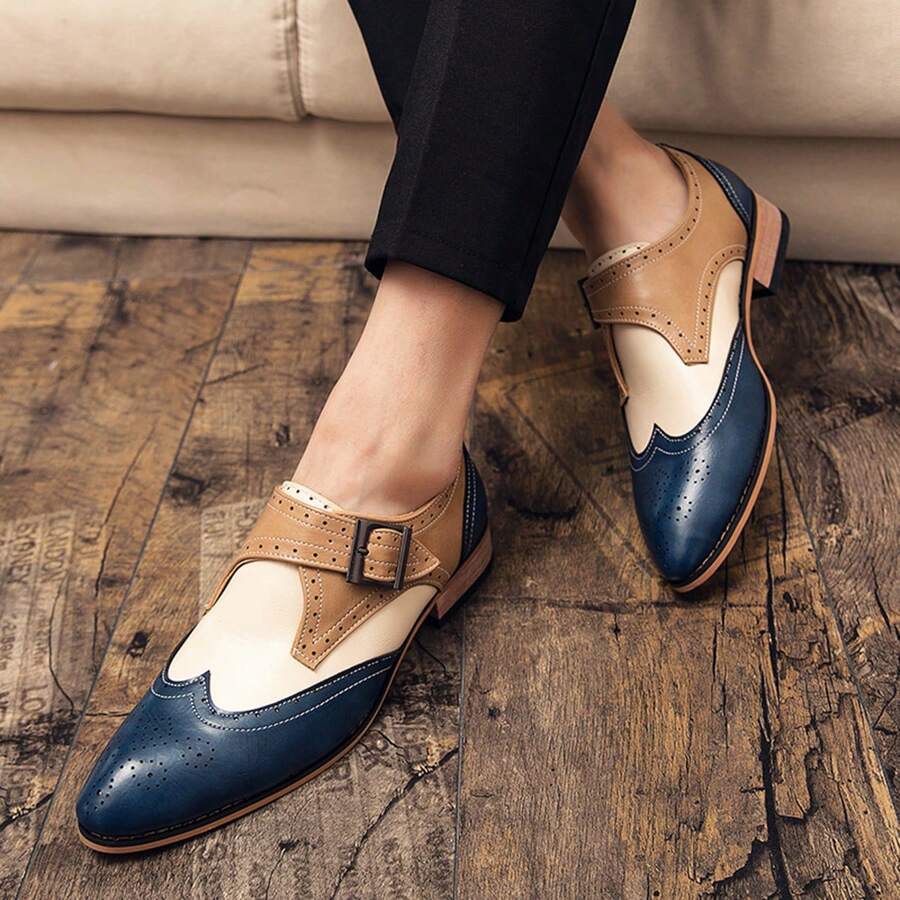 Men's Brogue Contrast Color Leather Shoes, Pointed Toe Buckle Formal ...