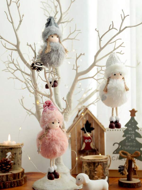 1pc-pink Christmas Tree Plush Ornament With Pink Gray & White Angel ...