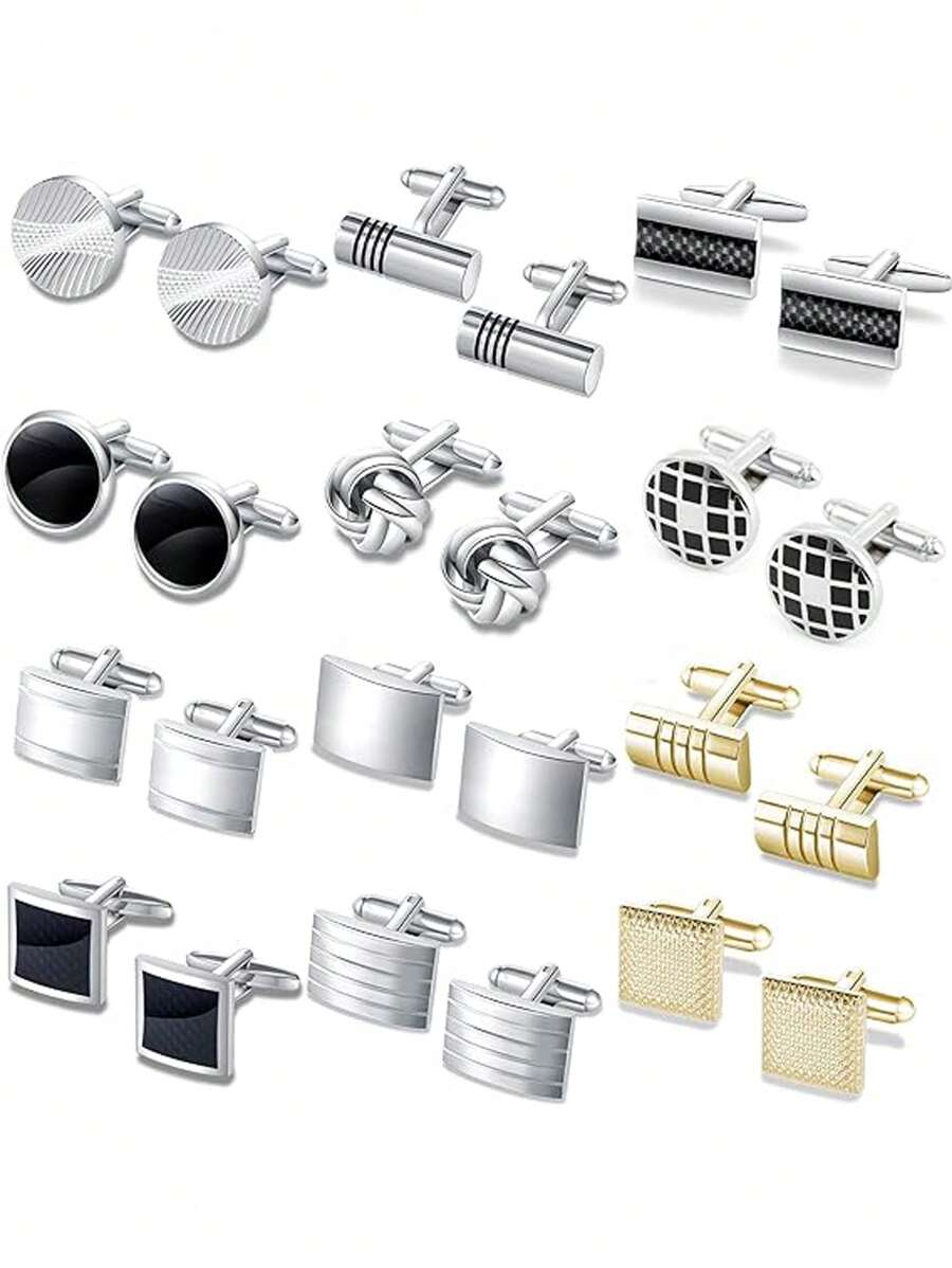 12 Pair Cufflinks for Men Classic Tone Cuff Links Silver Black Striped ...