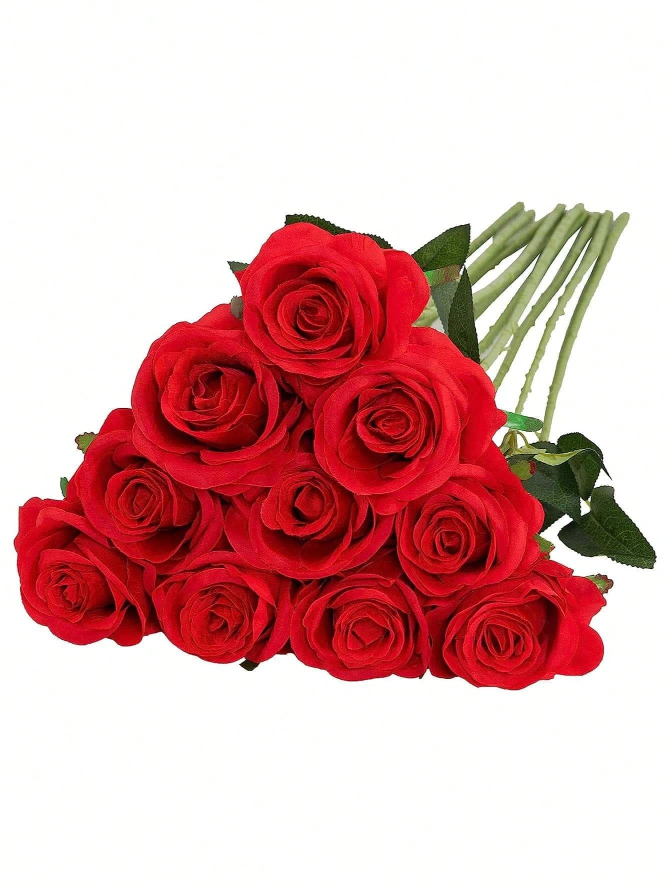 10 Pcs Fake Red Rose Artificial Flowers Bulk, Real Touch Silk ...