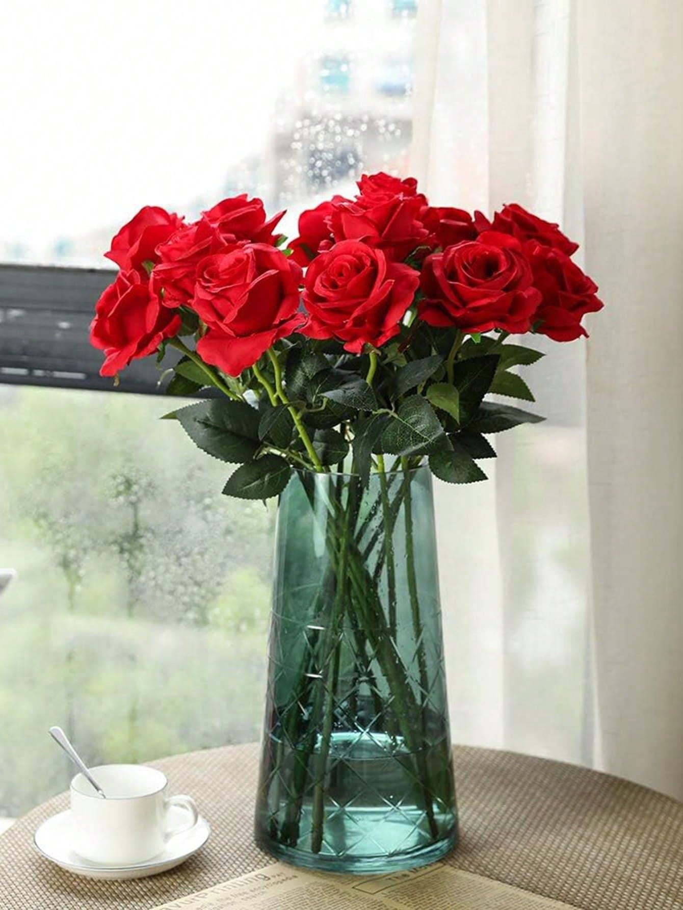 10 Pcs Fake Red Rose Artificial Flowers Bulk, Real Touch Silk ...