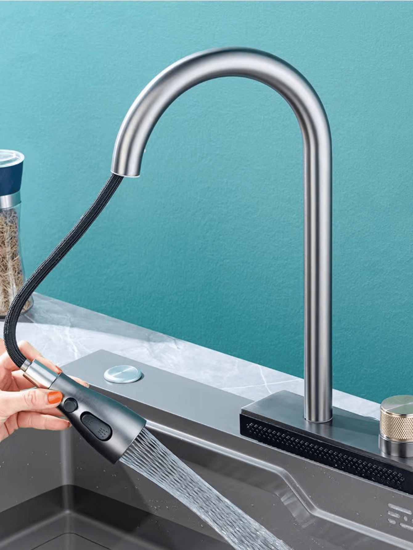 Gunmetal Rainfall Kitchen Sink Faucet, Pull Down Four-water Mode Cold ...