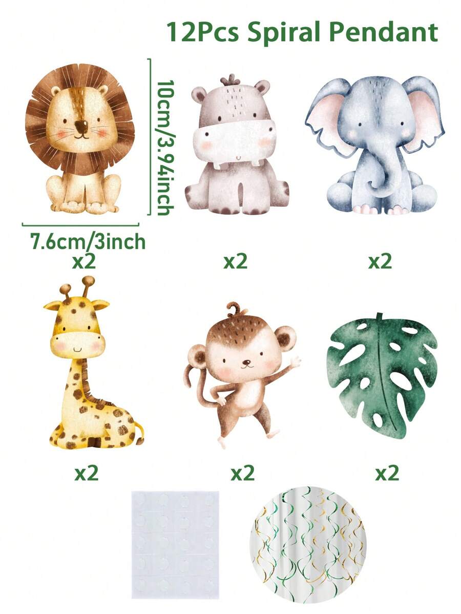 12pcs, DIY Jungle Animal Theme Spiral Hanging Ornaments,With Golden ...