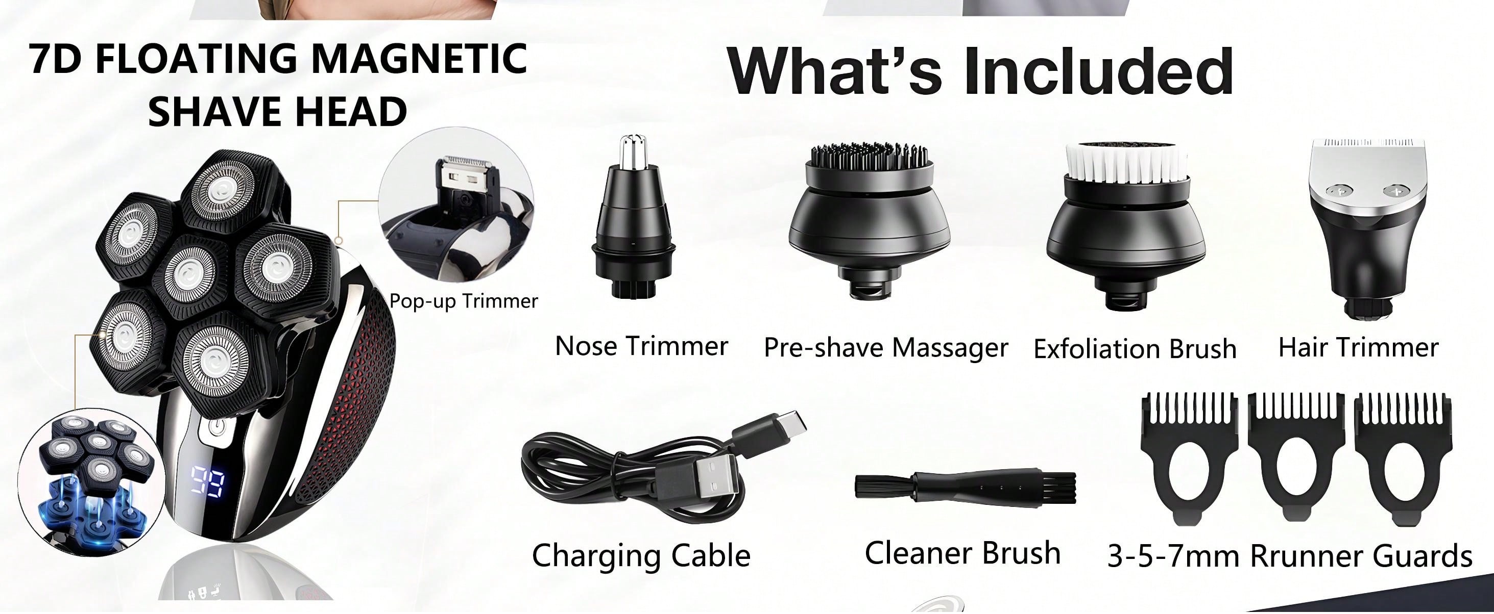 5-in-1 Rechargeable Electric Magnetic Bald Head Shaver for Men&Woman ...