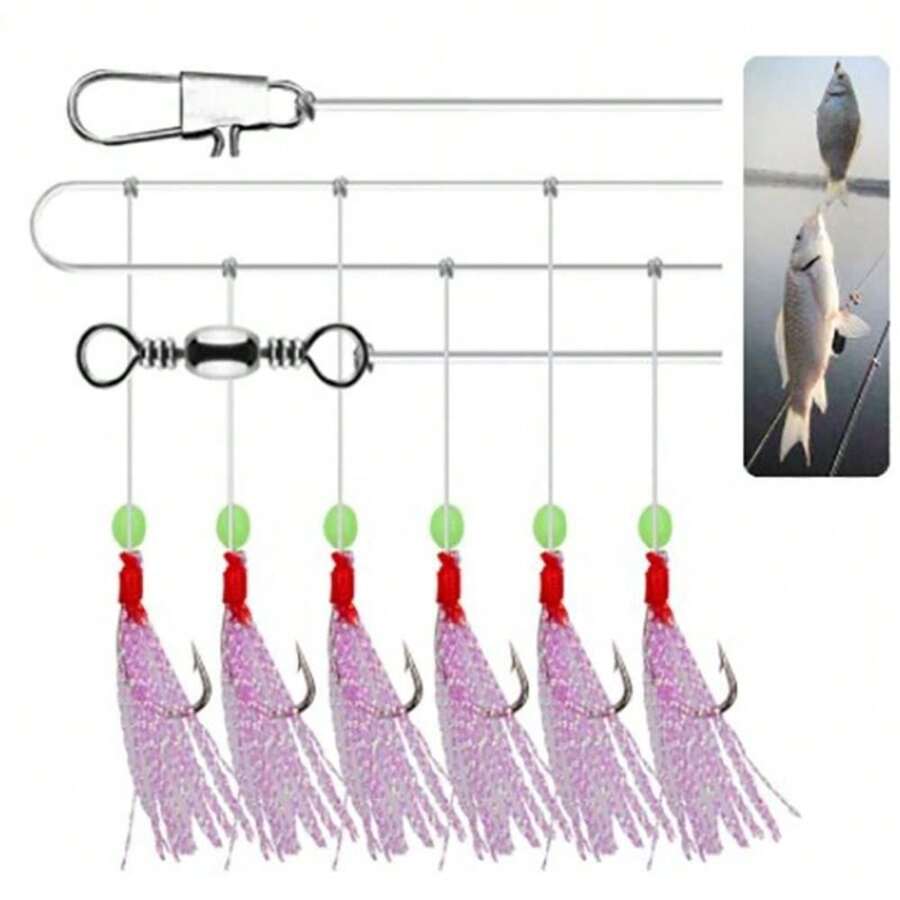 1 Pack (6pcs) Fishing Sabiki Rigs 6 Arm Hooks Red White Fish Skin Sea ...