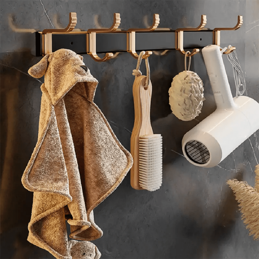 Removable 5-hook black wall clothes hanger, punch-free integrated base ...