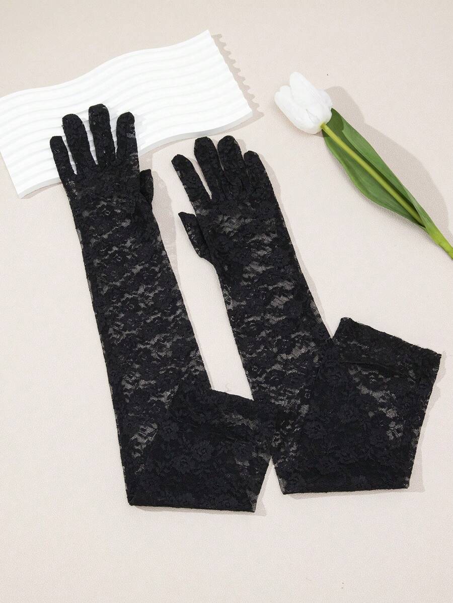 1 Pair Of Elegant Long Gloves With Rose & Lace Decor For Evening Party ...